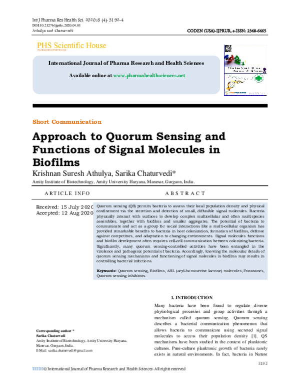 (PDF) Approach to Quorum Sensing and Functions of Signal Molecules in ...