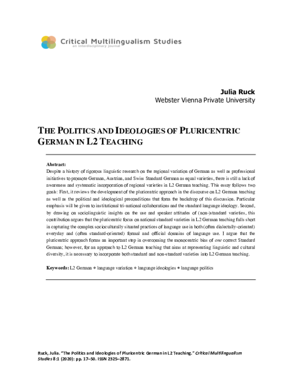 (PDF) The Politics and Ideologies of Pluricentric German in L2 Teaching ...