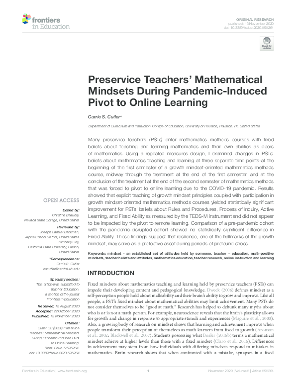 (PDF) Preservice Teachers' Mathematical Mindsets During Pandemic-Induced Pivot to Online Learning