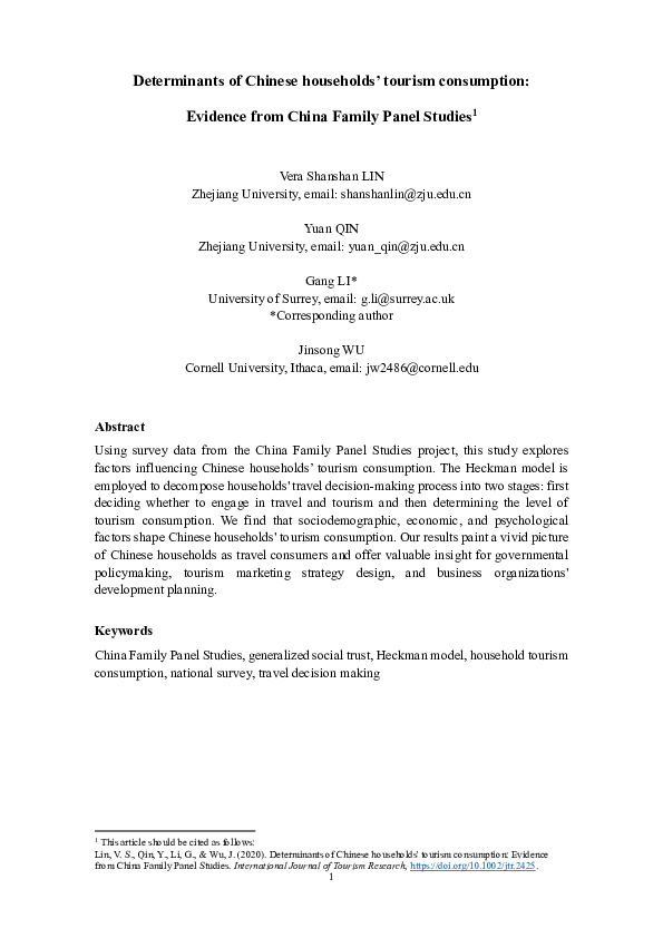 (PDF) Determinants of Chinese households' tourism consumption: Evidence ...