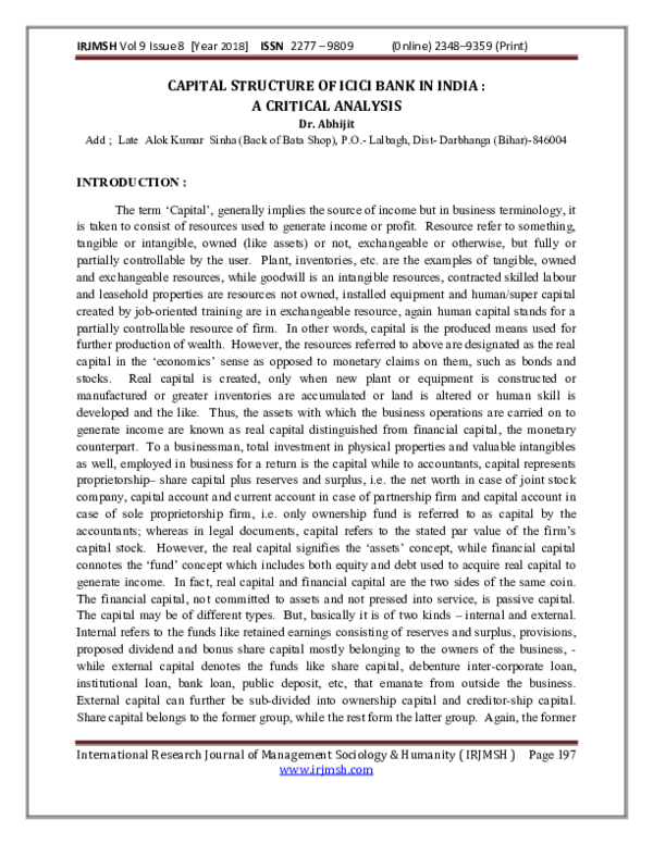 (PDF) CAPITAL STRUCTURE OF ICICI BANK IN INDIA : A CRITICAL ANALYSIS