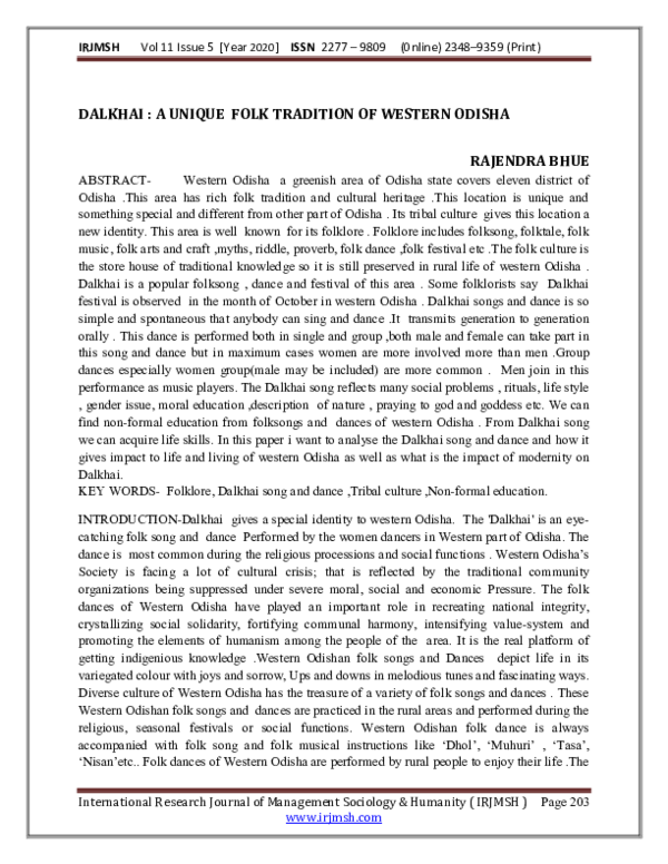 (PDF) DALKHAI : A UNIQUE FOLK TRADITION OF WESTERN ODISHA