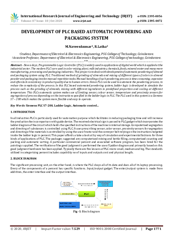 (PDF) IRJET- DEVELOPMENT OF PLC BASED AUTOMATIC POWDERING AND PACKAGING SYSTEM
