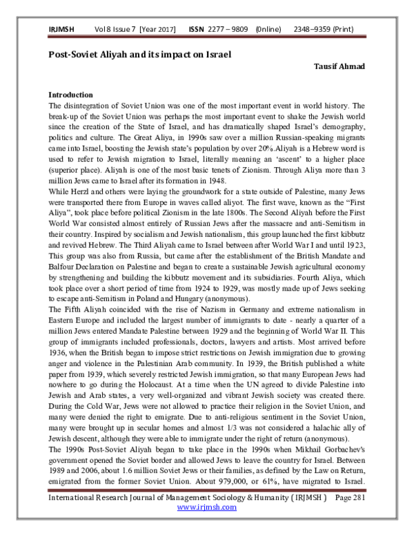 (PDF) Post-Soviet Aliyah and its impact on Israel