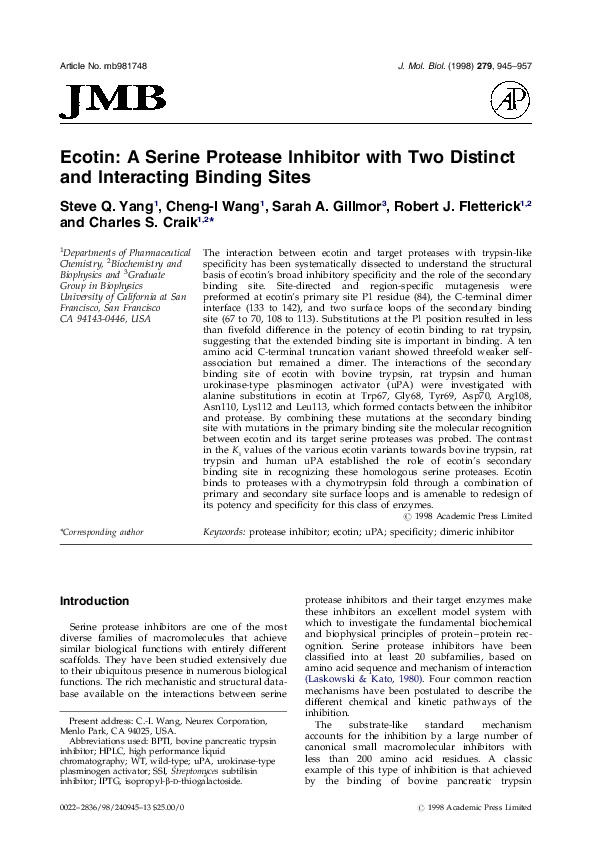 (PDF) Ecotin: a serine protease inhibitor with two distinct and ...