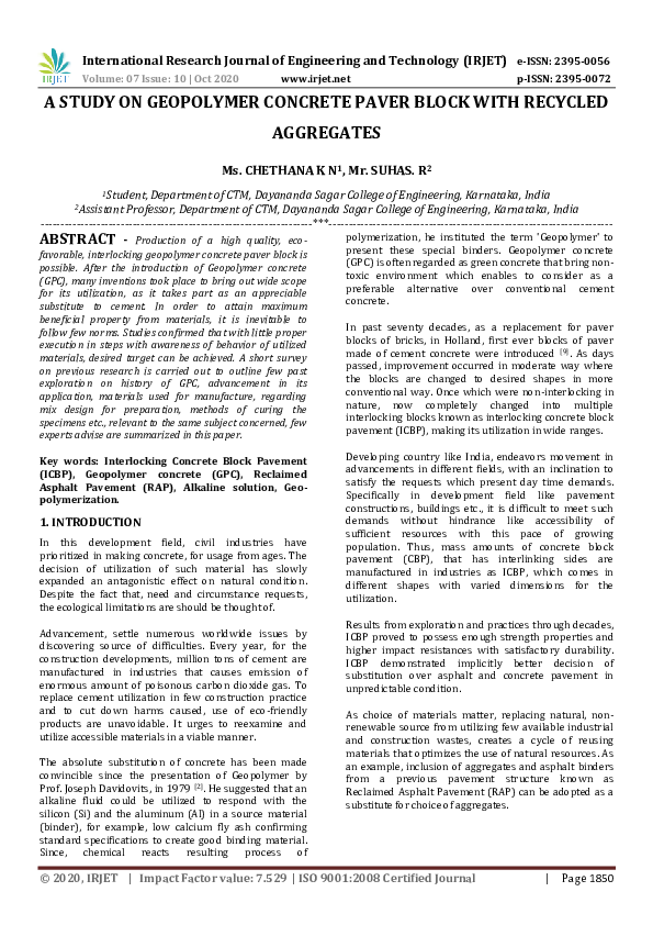 (PDF) IRJET- A STUDY ON GEOPOLYMER CONCRETE PAVER BLOCK WITH RECYCLED ...