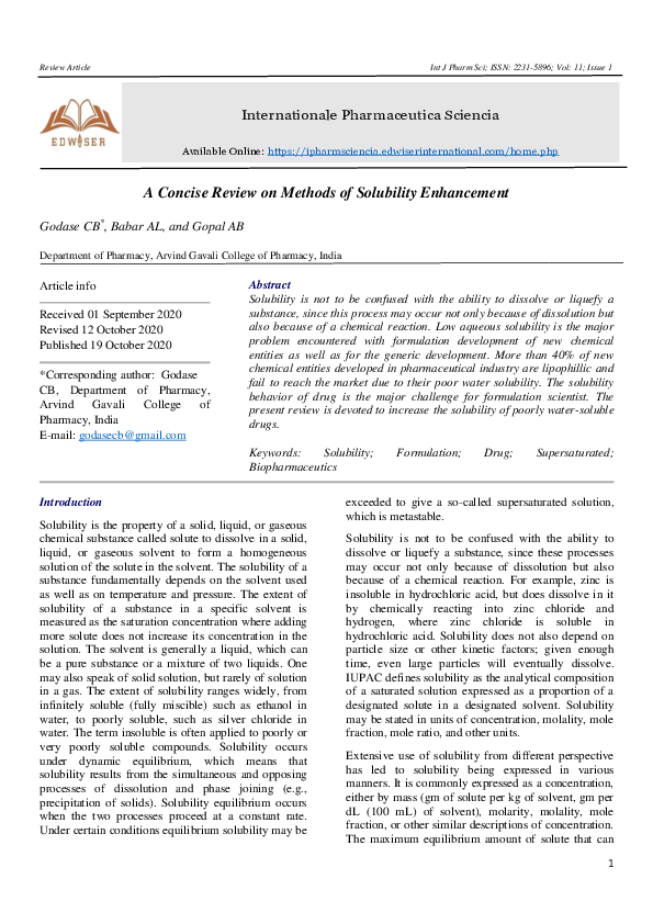(PDF) A Concise Review on Methods of Solubility Enhancement