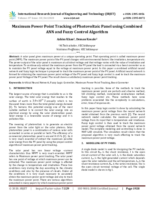Pdf Irjet Maximum Power Point Tracking Of Photovoltaic Panel Using Combined Ann And Fuzzy
