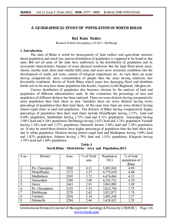 (PDF) A GEOGRAPHICAL STUDY OF POPULATION IN NORTH BIHAR