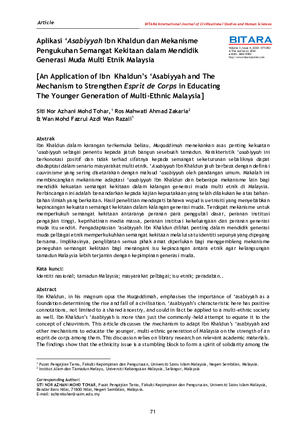 (PDF) Aplikasi Asabiyyah Ibn Khaldun dan Mekanisme Pengukuhan Semangat ...