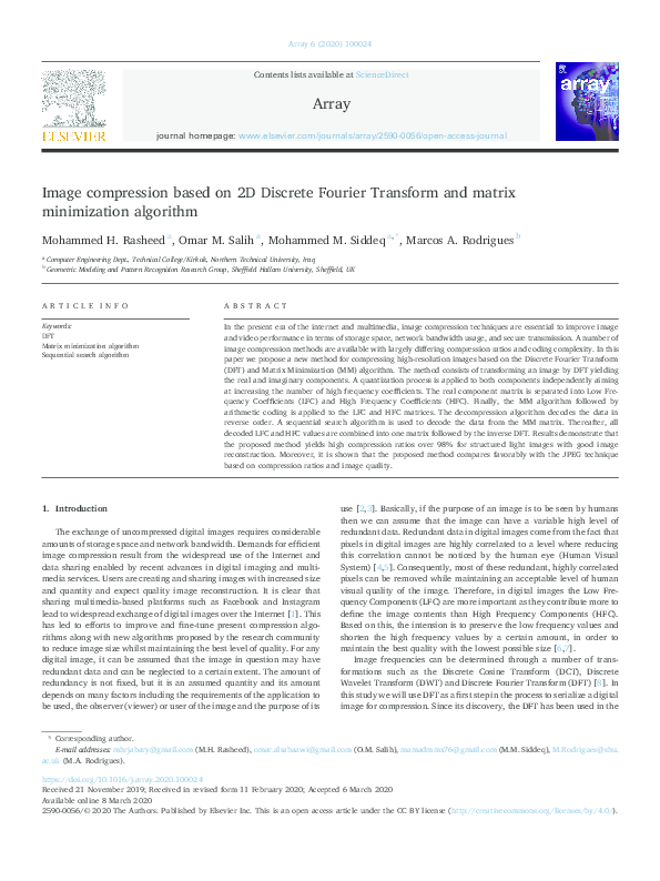 Pdf Image Compression Based On 2d Discrete Fourier Transform And Matrix Minimization Algorithm 8708
