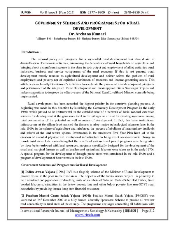 (PDF) GOVERNMENT SCHEMES AND PROGRAMMES FOR RURAL DEVELOPMENT