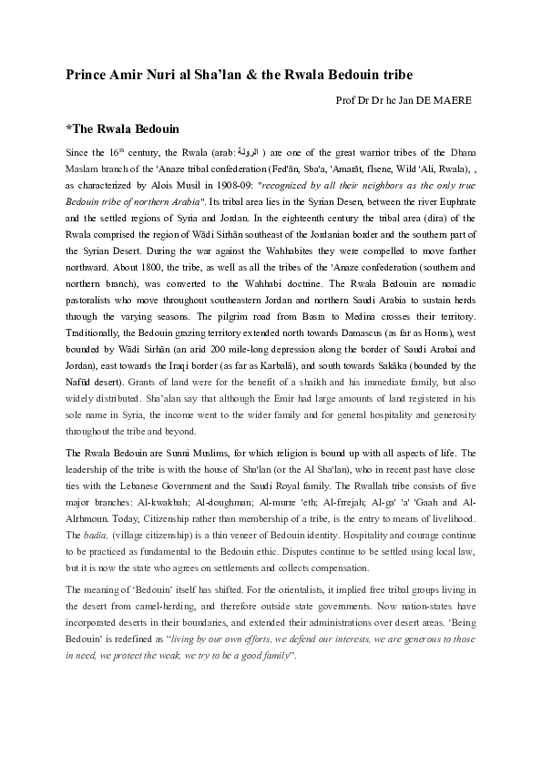(DOC) Prince Amir Nuri al Sha'lan & the Rwala Bedouin tribe