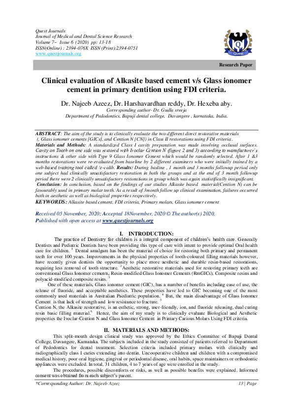 (PDF) Clinical evaluation of Alkasite based cement v/s Glass ionomer ...