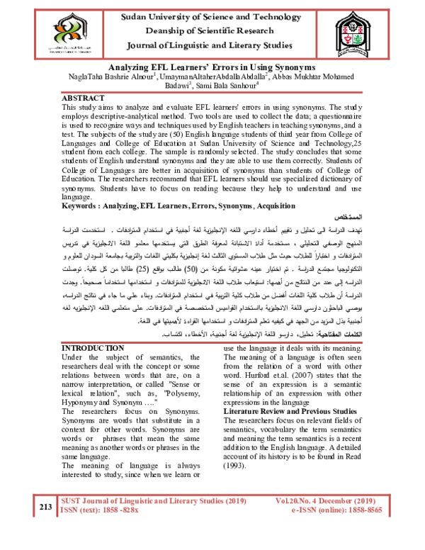 (PDF) Analyzing EFL Learners' Errors in Using Synonyms