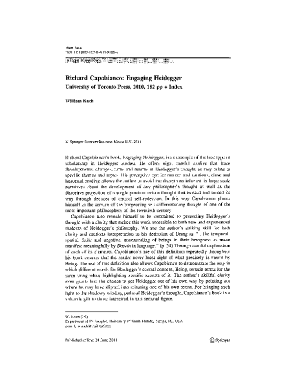 (PDF) A Review of Capobianco's "Engaging Heidegger" by Koch