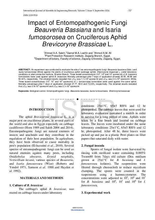 (PDF) Impact of Entomopathogenic Fungi Beauveria Bassiana and Isaria fumosorosea on Cruciferous ...
