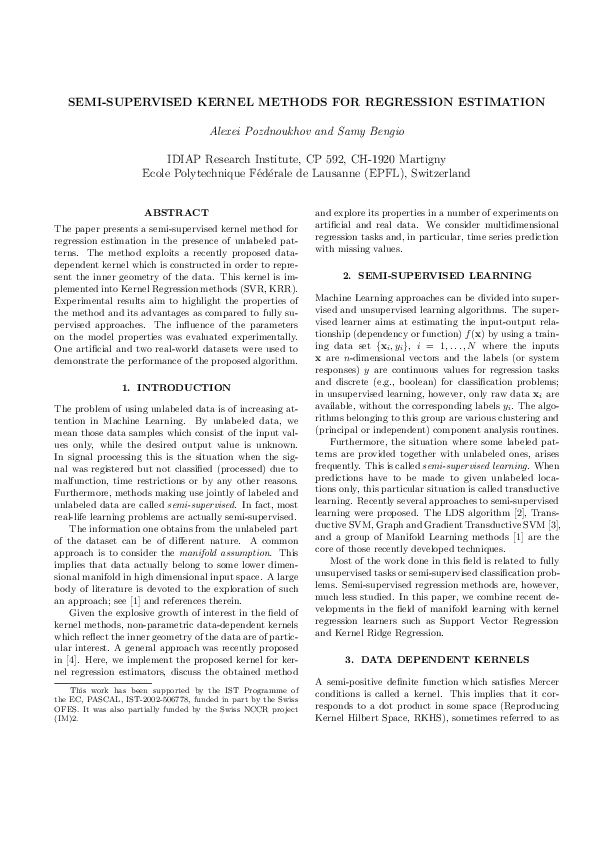 Pdf Semi Supervised Kernel Methods For Regression Estimation