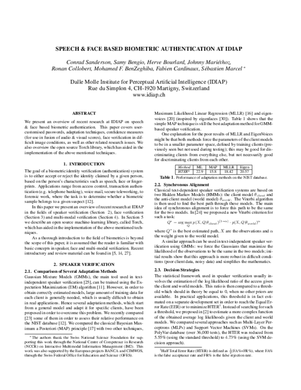 (PDF) Speech & face based biometric authentication at IDIAP