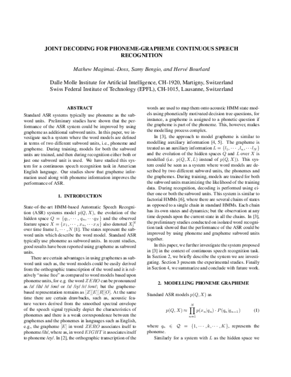 (PDF) Joint decoding for phoneme-grapheme continuous speech recognition