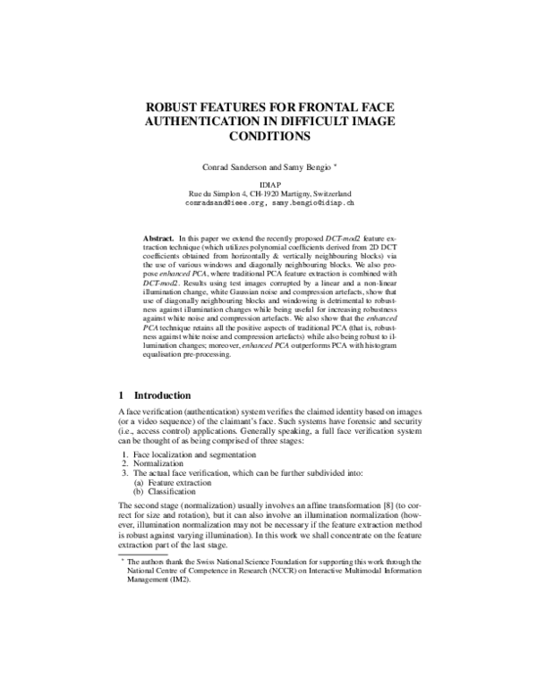 Pdf Robust Features For Frontal Face Authentication In Difficult Image Conditions