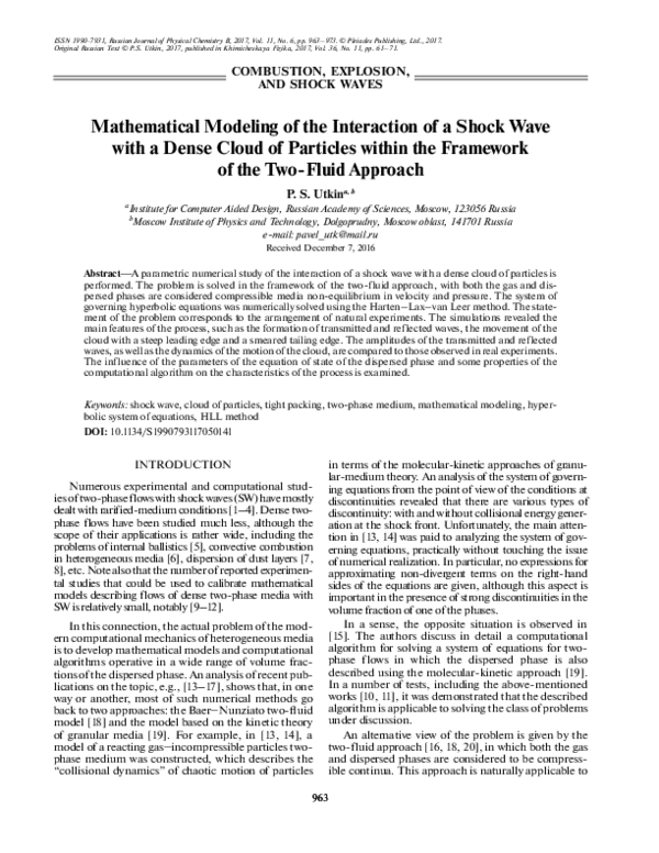 (PDF) Mathematical modeling of the interaction of a shock wave with a dense cloud of particles ...