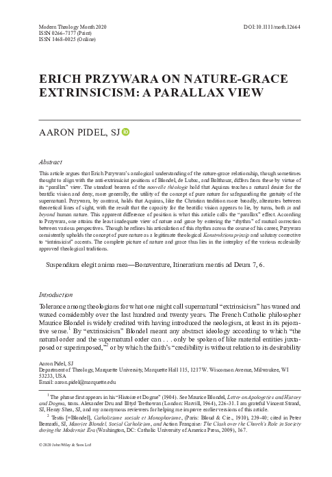 (PDF) ERICH PRZYWARA ON NATURE-GRACE EXTRINSICISM: A PARALLAX VIEW