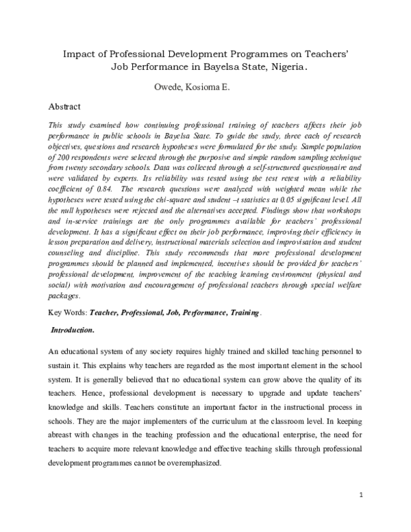 (DOC) Impact of Professional Development Programmes on Teachers' Job Performance in Bayelsa ...