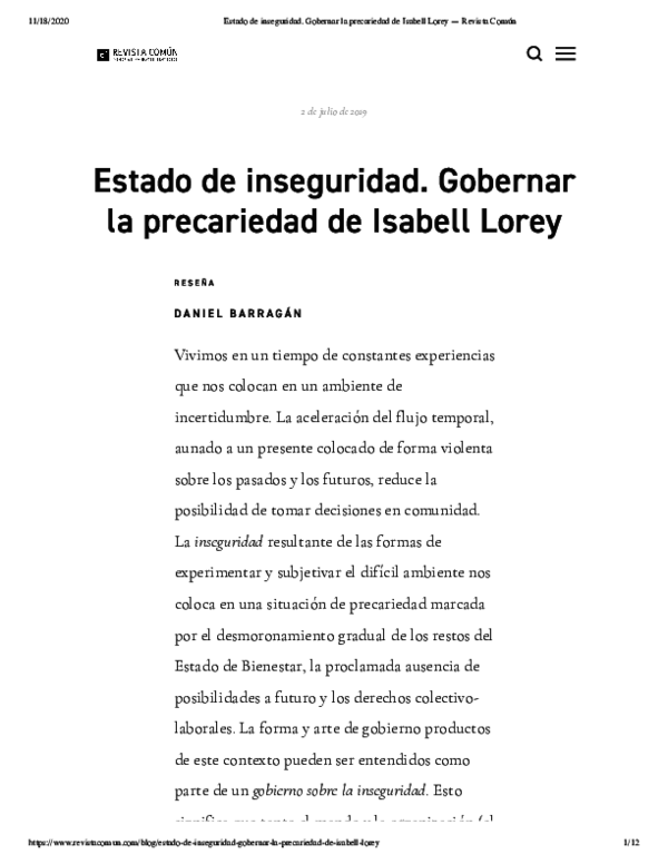 (PDF) Reseña. Estado de inseguridad. Gobernar la precariedad de Isabell ...