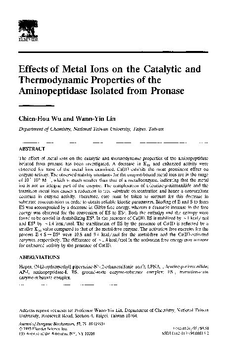 (PDF) Effects of metal ions on the catalytic and thermodynamic ...