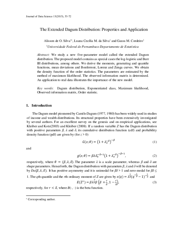 (PDF) The Extended Dagum Distribution: Properties and Application