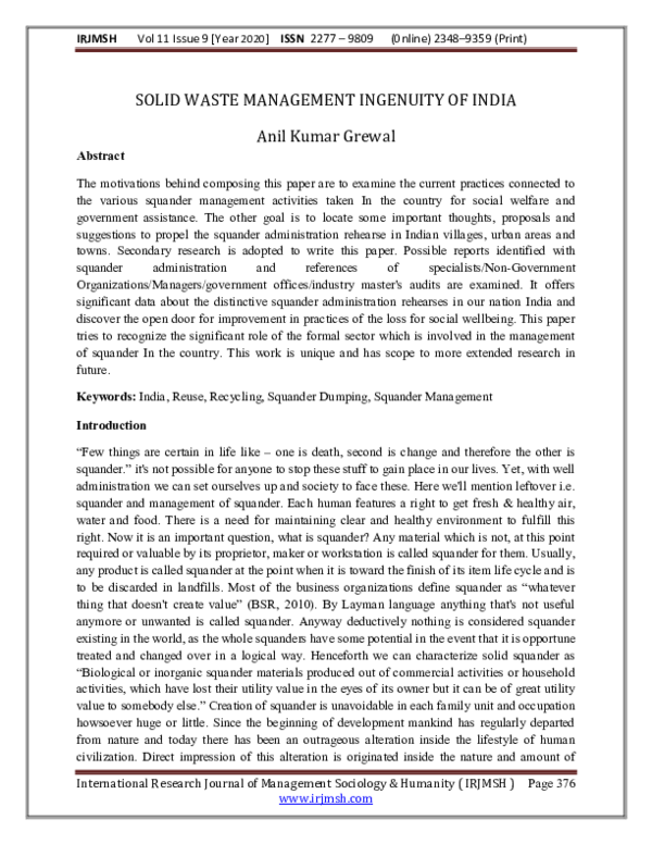 (PDF) SOLID WASTE MANAGEMENT INGENUITY OF INDIA | International Res ...