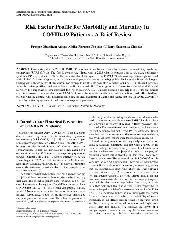 (PDF) Risk Factor Profile for Morbidity and Mortality in COVID-19 ...