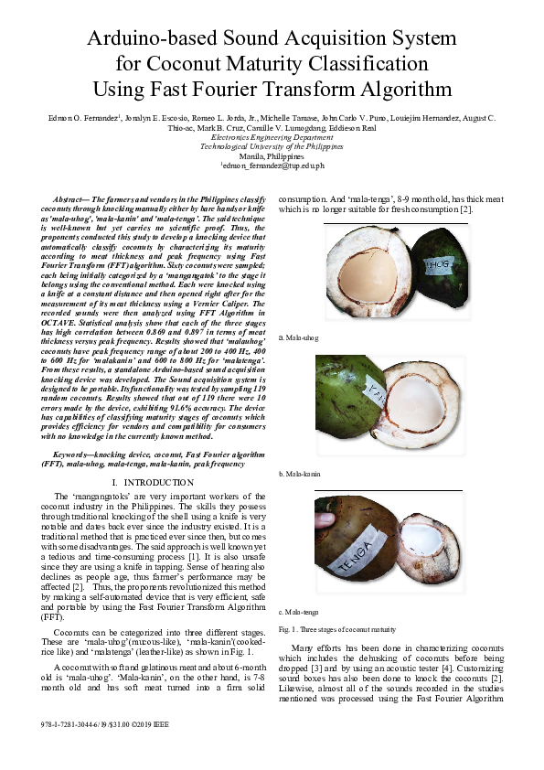 Pdf Arduino Based Sound Acquisition System For Coconut Maturity Classification Using Fast