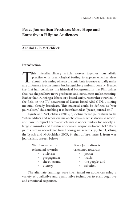 (PDF) Peace Journalism Produces More Hope and Empathy in Filipino Audiences