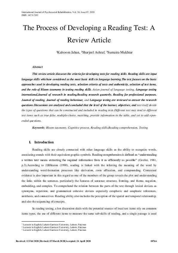 (PDF) The Process of Developing a Reading Test: A Review Article