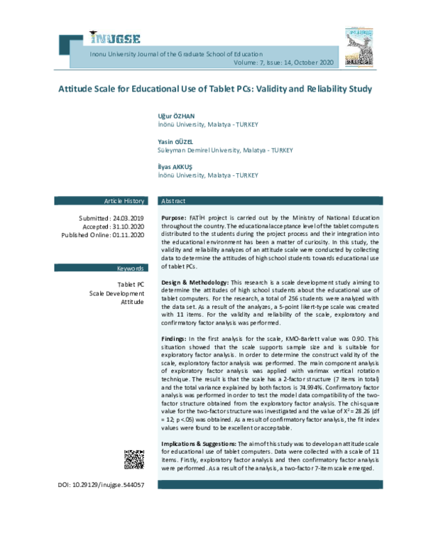 (PDF) Attitude Scale for Educational Use of Tablet PCs: Validity and Reliability Study
