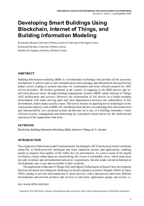 Pdf Developing Smart Buildings Using Blockchain Internet Of Things And Building Information