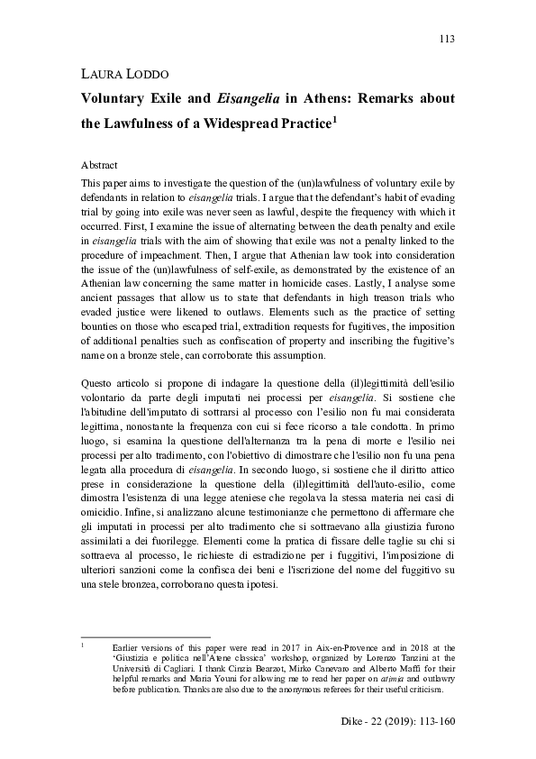 (PDF) Voluntary Exile and Eisangelia in Athens: Remarks about the ...