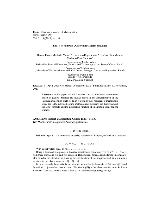 (PDF) The (s, t)-Padovan Quaternions Matrix Sequence