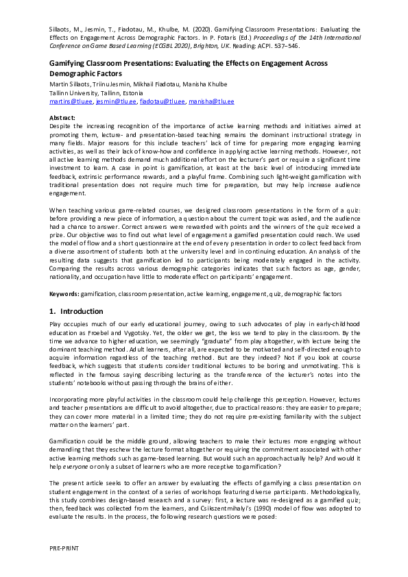 (PDF) Gamifying Classroom Presentations: Evaluating the Effects on Engagement Across Demographic ...