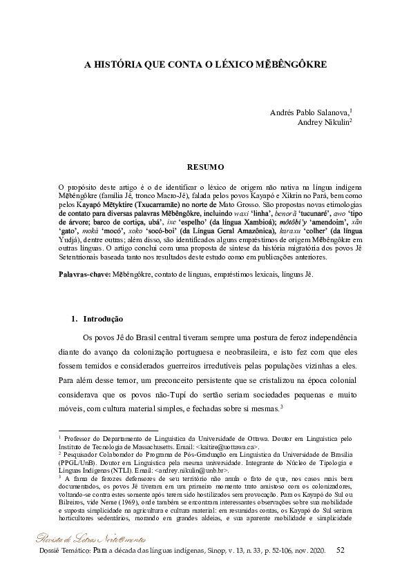 (PDF) A história que conta o léxico Mẽbêngôkre (Salanova, Andrés Pablo ...