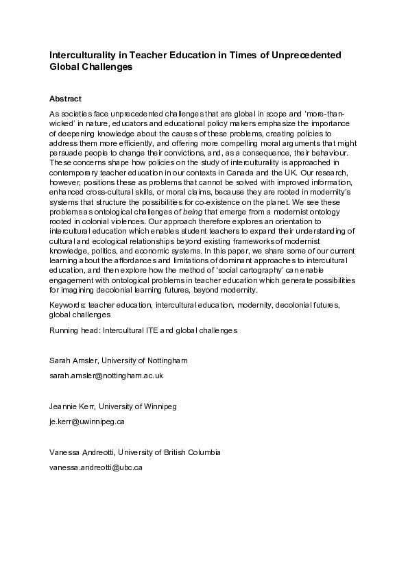 (PDF) Interculturality in teacher education in times of unprecedented global challenges
