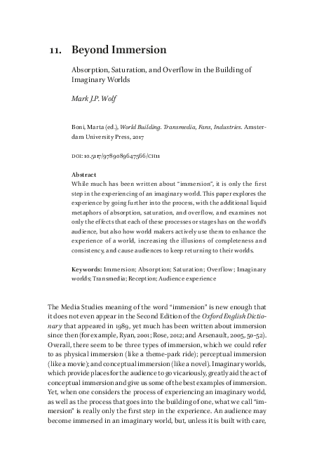 (PDF) Beyond Immersion: Absorption, Saturation, and Overflow in the Building of Imaginary Worlds