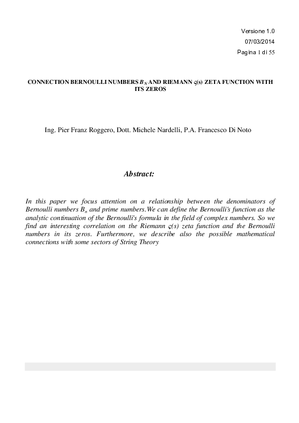 Pdf Connection Bernoulli Numbers Bn And Riemann ςs Zeta Function With Its Zeros