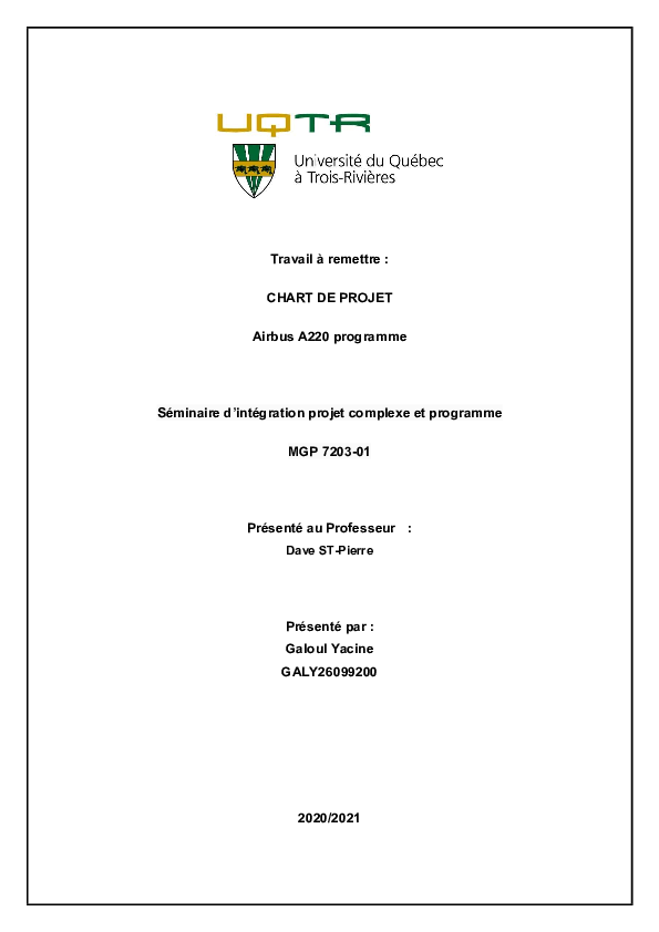 (PDF) Travail à remettre : CHART DE PROJET Airbus A220 programme ...