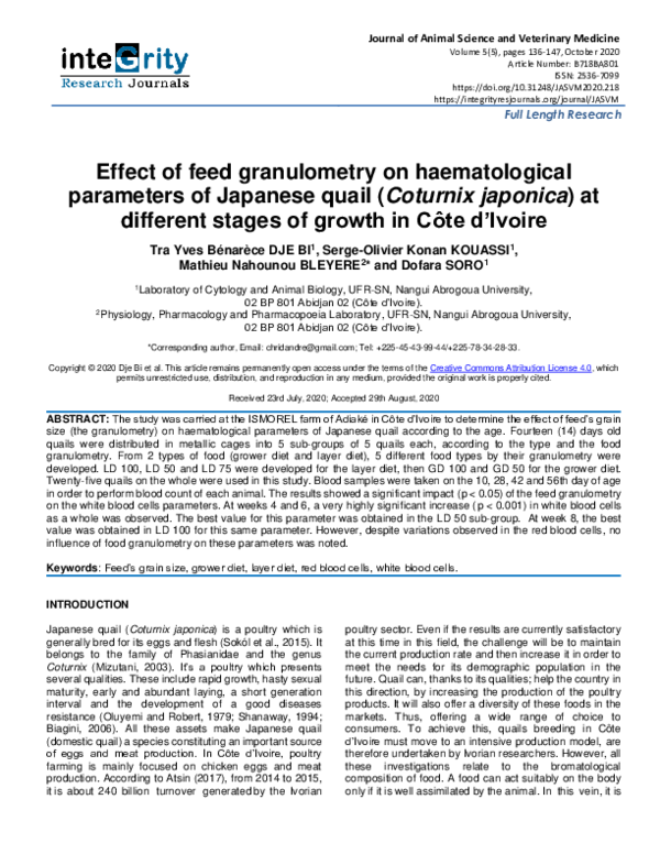 (PDF) Effect of feed granulometry on haematological parameters of ...