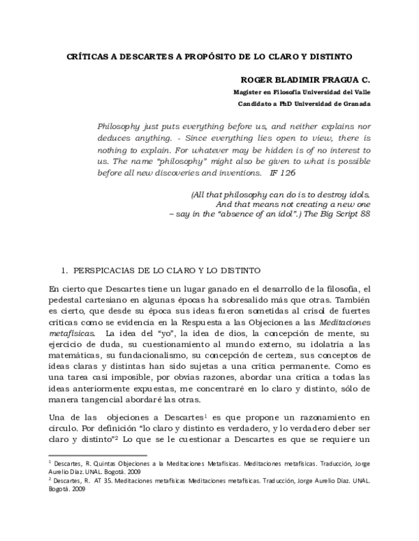 (PDF) CRÍTICAS A DESCARTES A PROPÓSITO DE LO CLARO Y DISTINTO ROGER ...