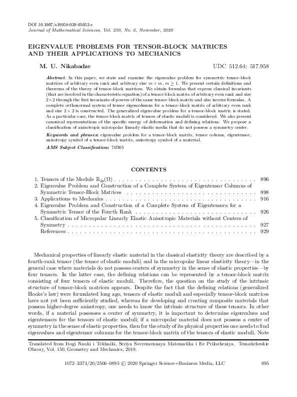 (PDF) EIGENVALUE PROBLEMS FOR TENSOR-BLOCK MATRICES AND THEIR APPLICATIONS TO MECHANICS