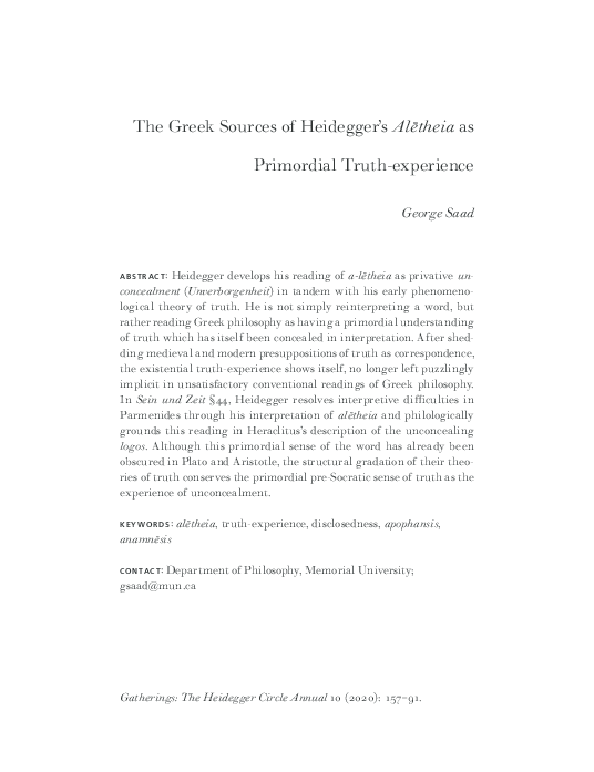 (PDF) The Greek Sources of Heidegger's Alētheia as Primordial Truth ...
